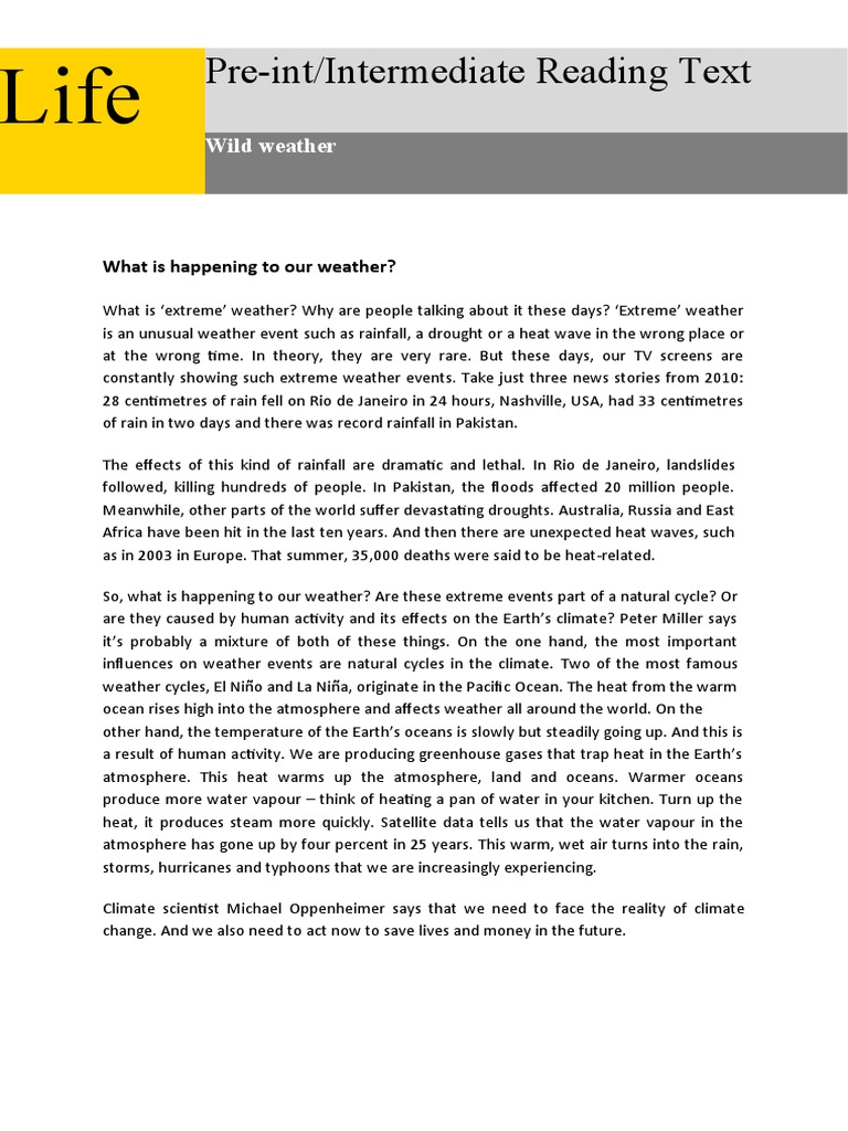 Pre-int/Intermediate Reading Text: Wild Weather | PDF | Rain | Weather