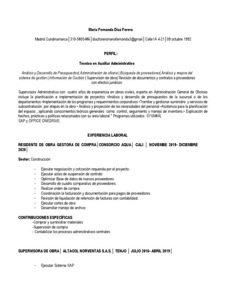 CV - Maria Fernanda Diaz | PDF | Business | Economias