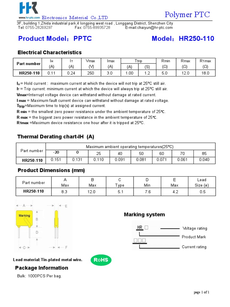 Polymer PTC: Product Model PPTC Model HR250-110 | PDF | Electrical ...