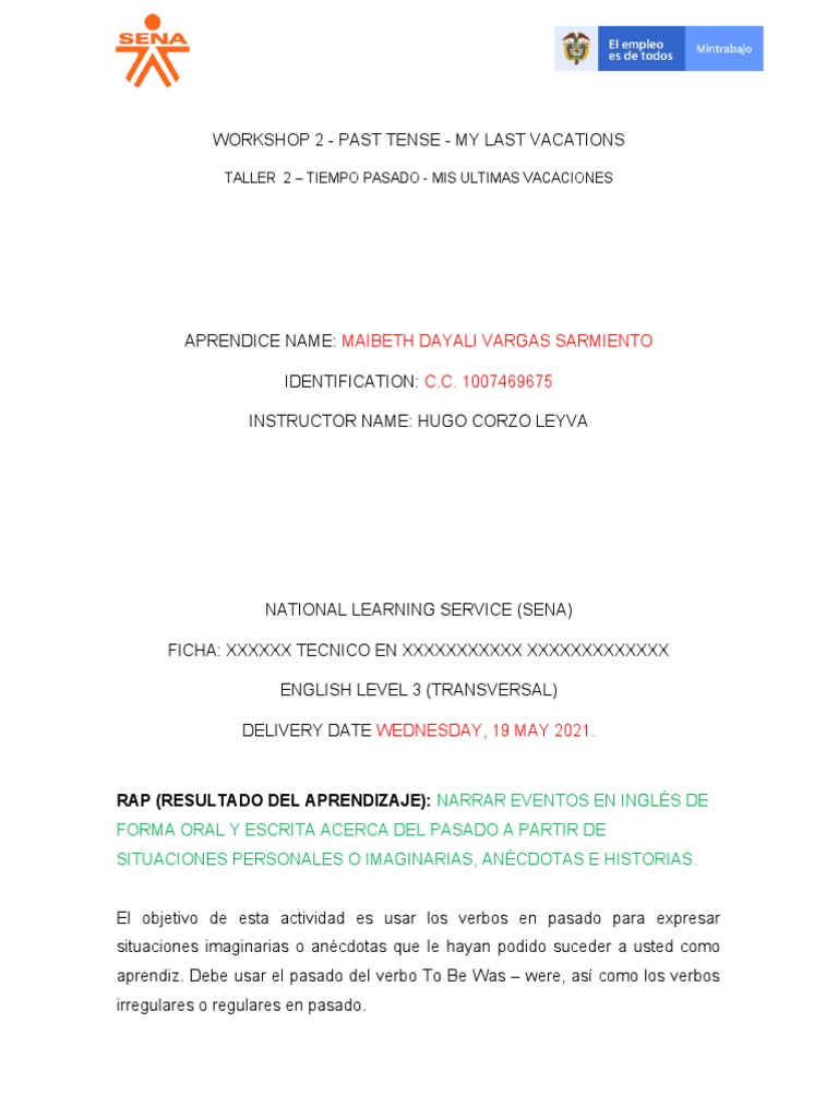 Taller de Inglés: Vacaciones Pasadas | PDF | Nueva York