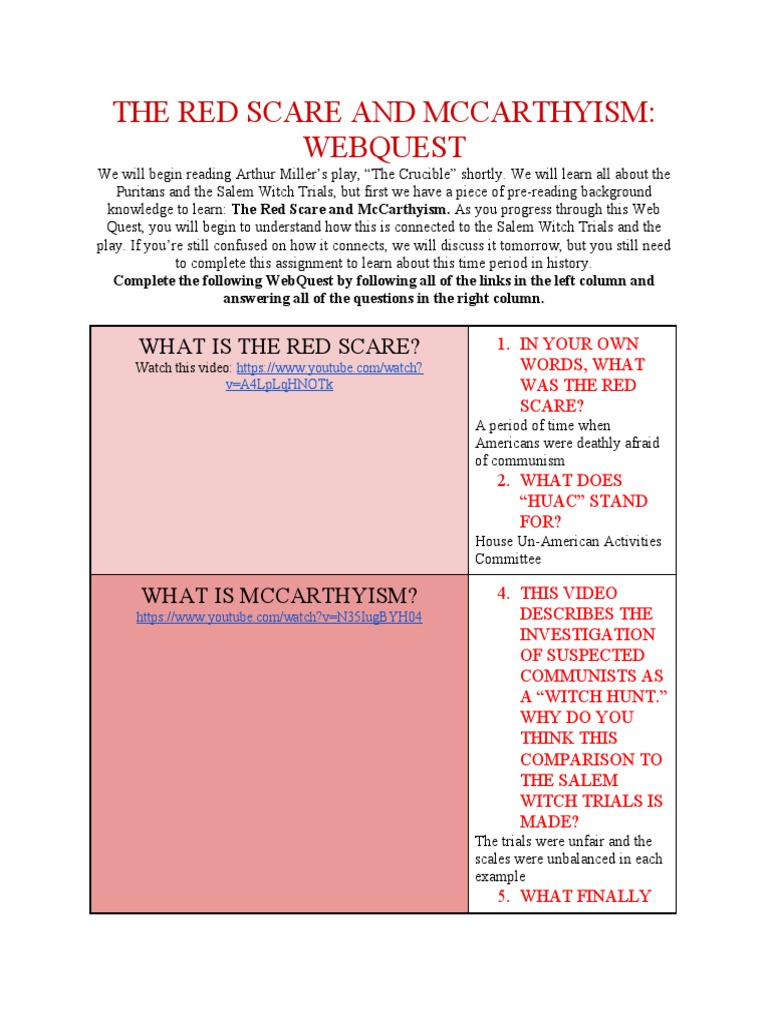 The Red Scare and Mccarthyism: Webquest | PDF | Mc Carthyism ...