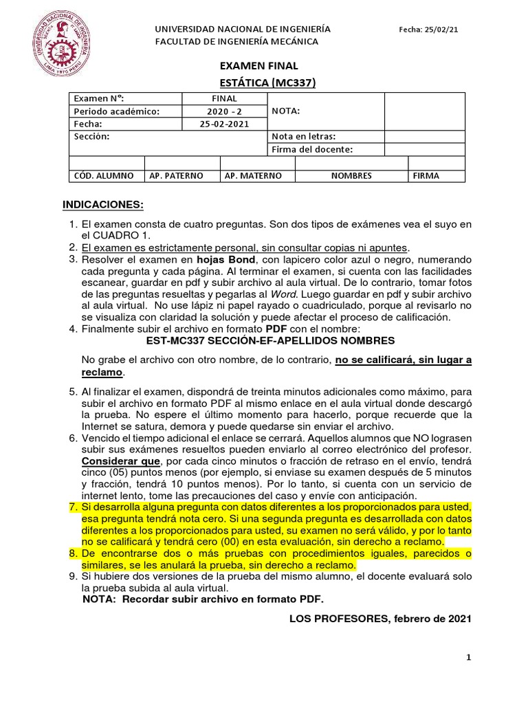Examen Final 2020-II Estática | PDF | Prueba (evaluación) | Fricción
