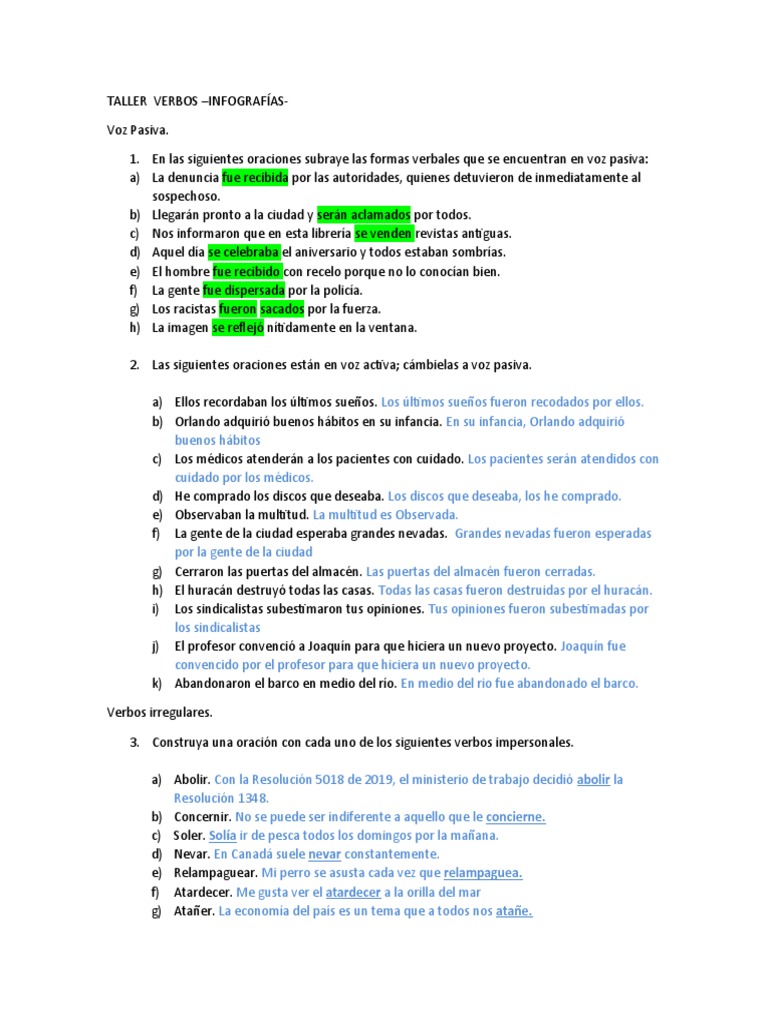 Taller Verbos Pdf Verbo Lingüística