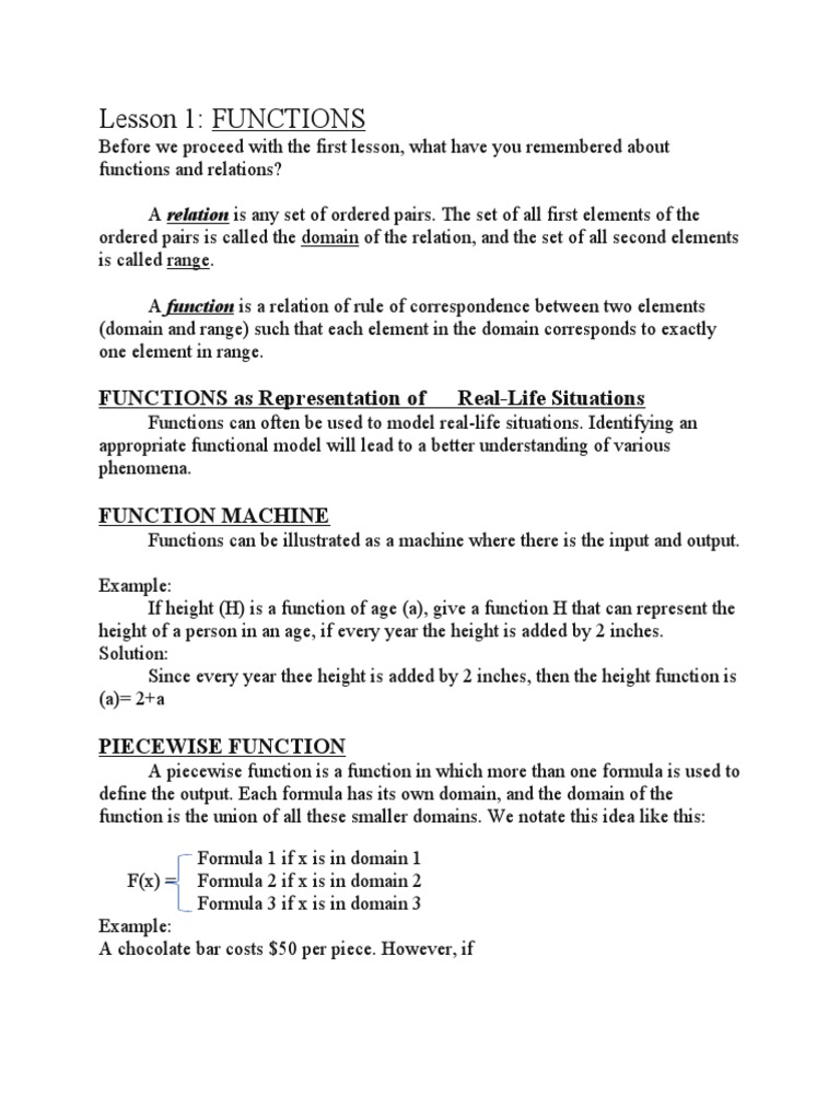 Lesson 1 Functions Functions As Representation Of Real Life Situations Pdf Function