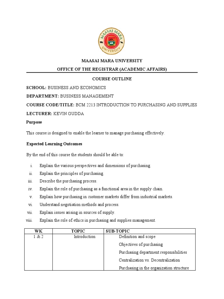 Introduction to Purchasing Course Outline | PDF | Procurement | Supply ...
