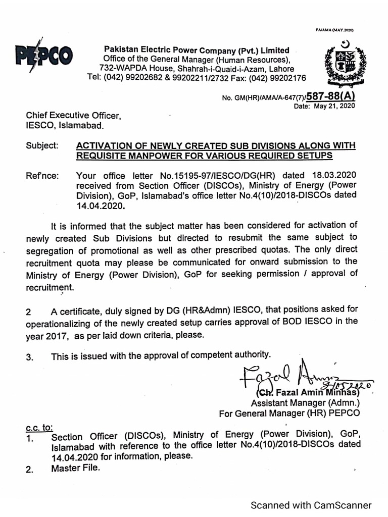 PEPCO Letter Activation of Ssub Divisions 21-03-2020 | PDF