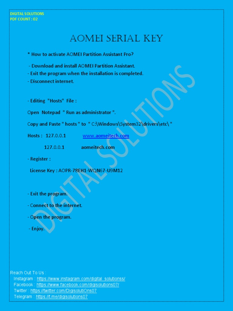 Aomei Serial Key: Digital Solutions PDF Count: 02 | PDF