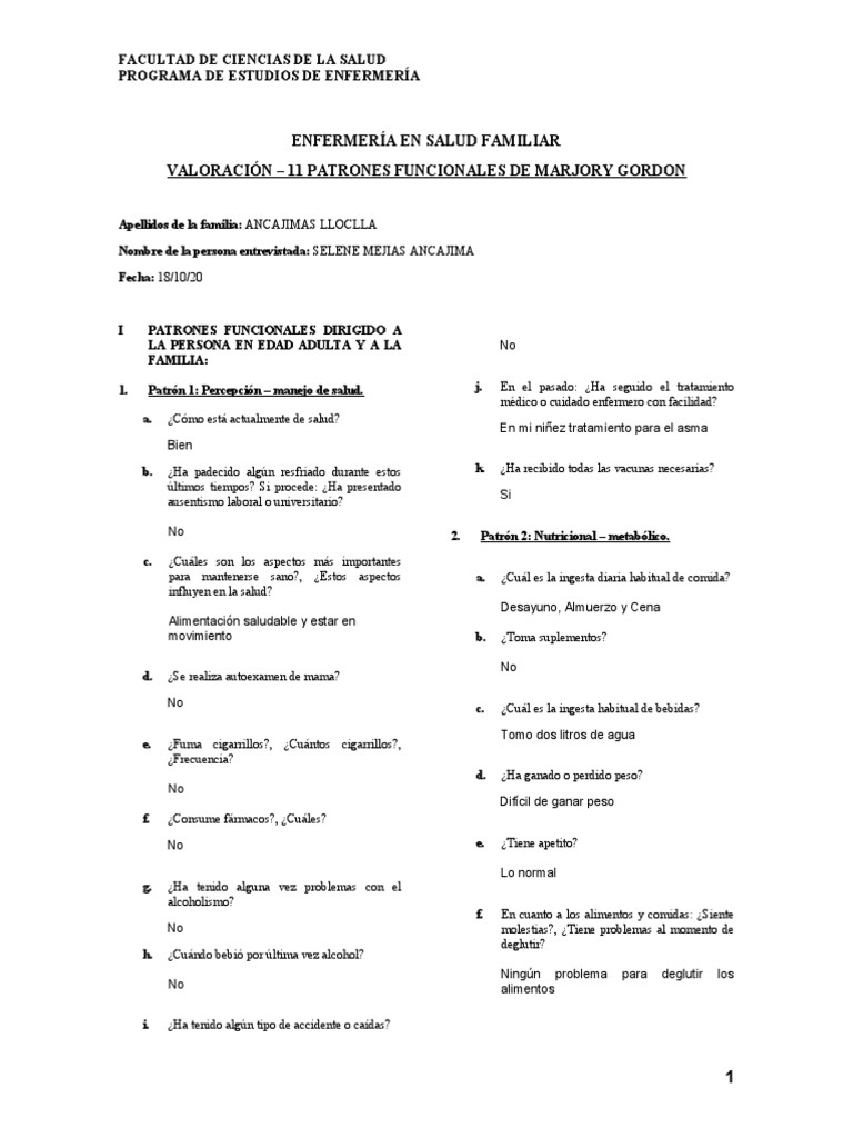 Valoración - 11 Patrones Funcionales de Marjory Gordon | PDF | Alcoholismo | Enfermería