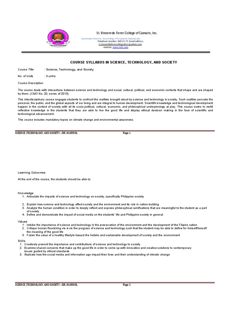 Course Syllabus Science Technology Society 1st Sem 2021 | PDF | Science ...