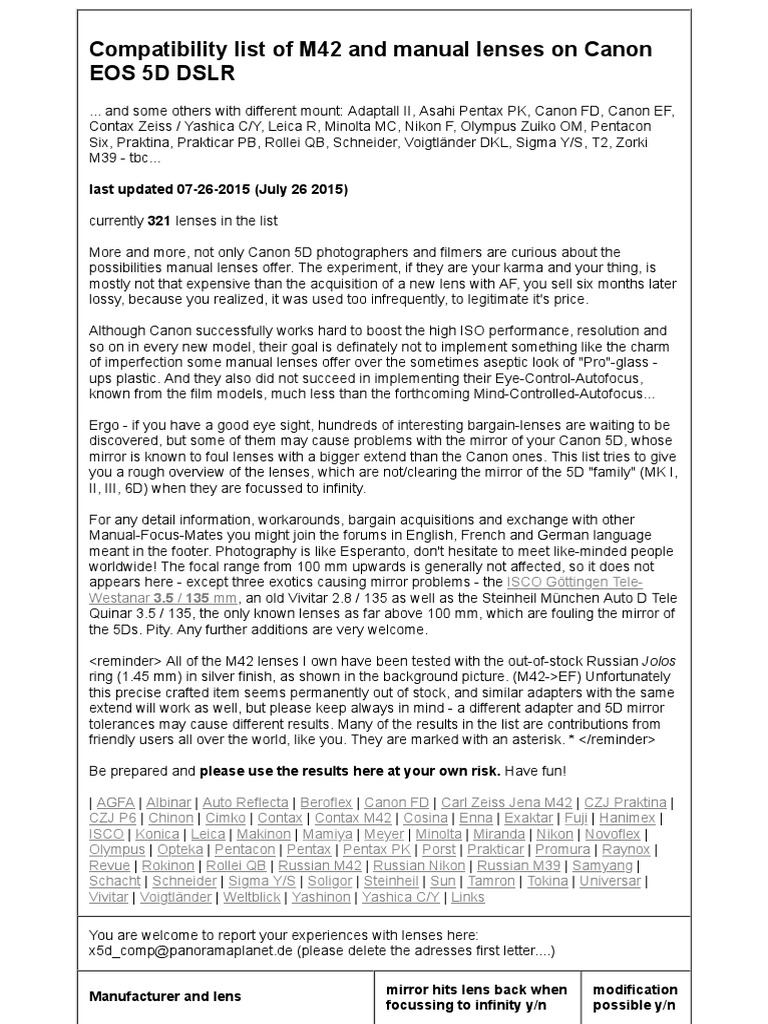 Compatibility List of M42 Lenses On Canon EOS 5D DSLR | PDF | Equipment ...