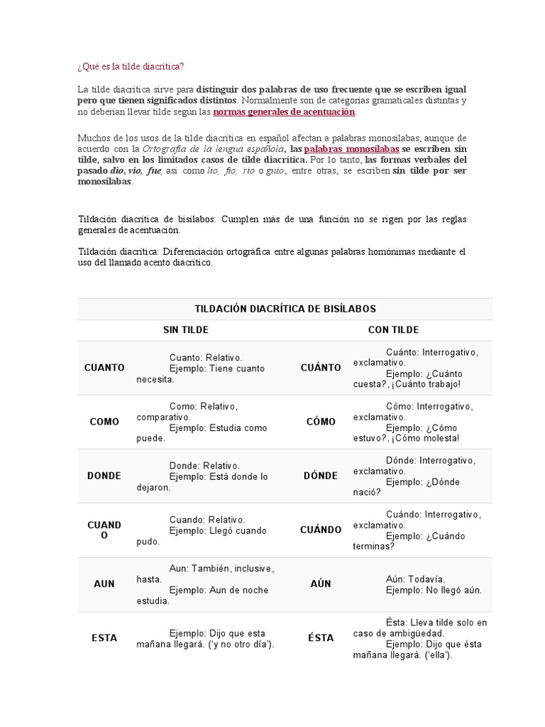 Tilde Diacrítica: Uso y Ejemplos | PDF | Sintaxis | Gramática