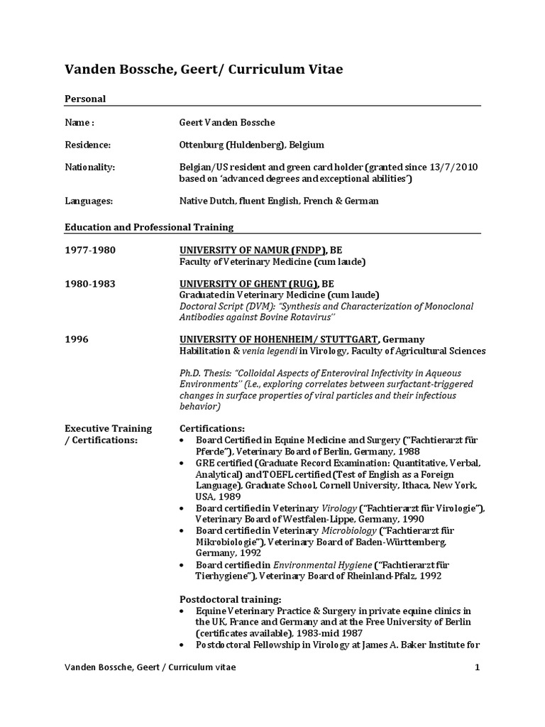Geert Vanden Bossche Curriculum Vitae | PDF | Vaccines | Infection