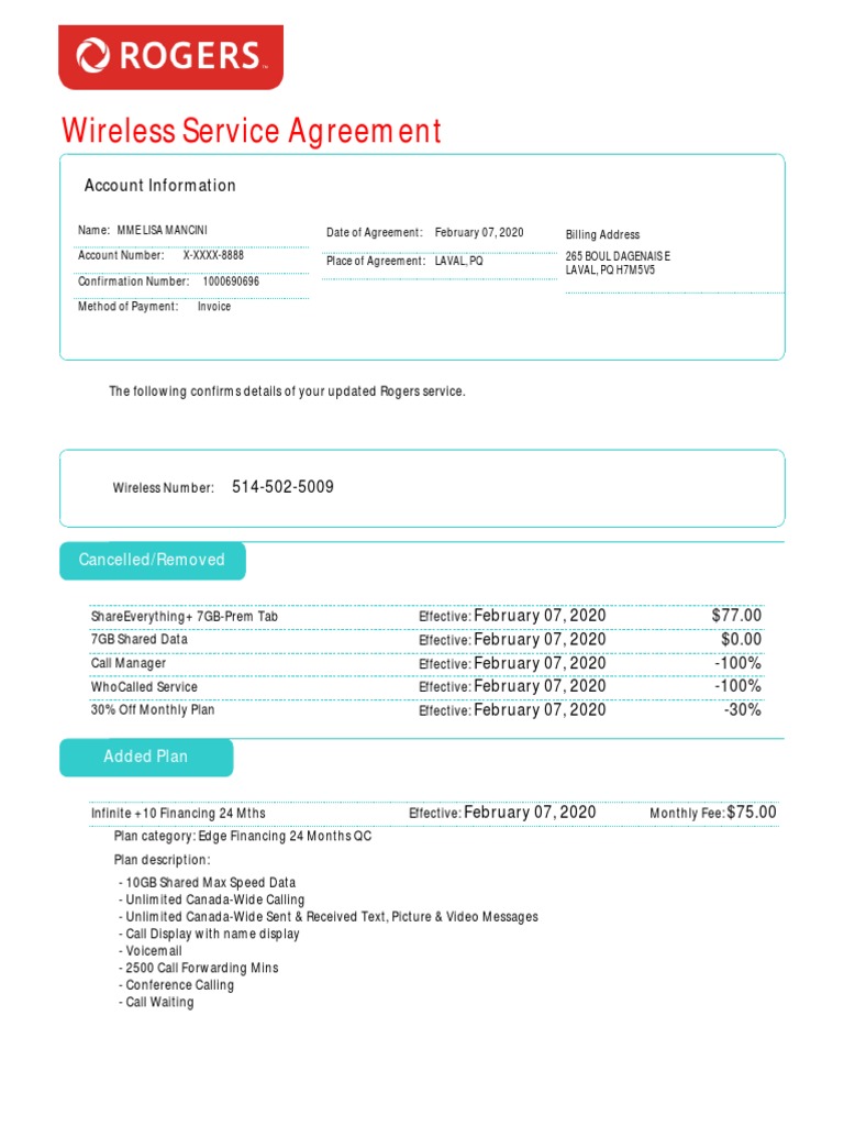 Wireless Service Agreement | PDF | Roaming | Invoice
