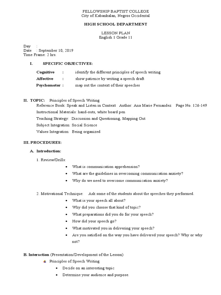 Principles of Speech Writing Lesson Plan | PDF | Speech | Lesson Plan