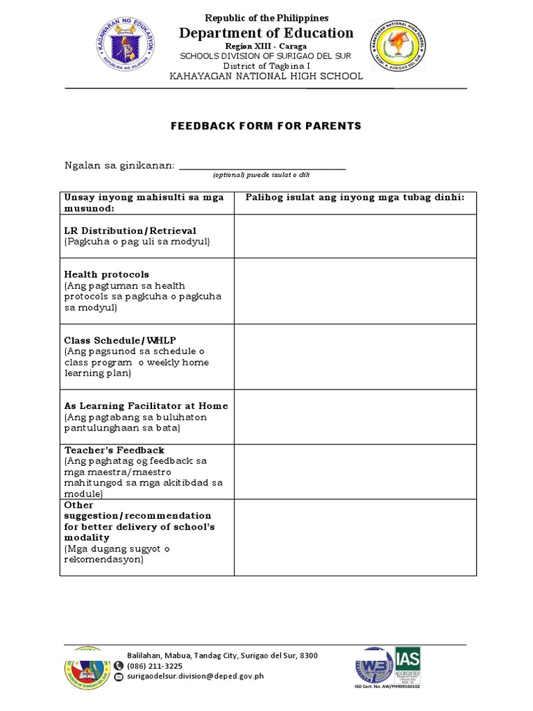Feedback Form Parents | PDF