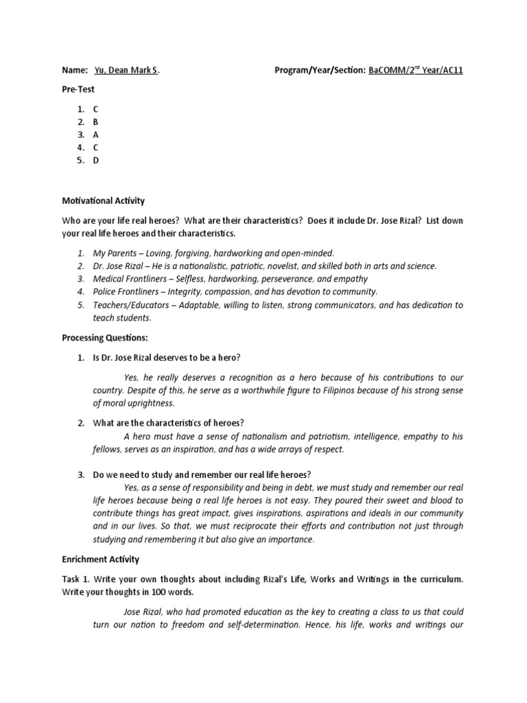 Name: Yu, Dean Mark S. Program/Year/Section: Bacomm/2 Pre-Test | PDF ...