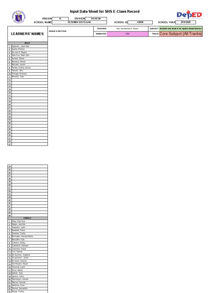 Input Data Sheet For SHS E-Class Record: Learners' Names | PDF