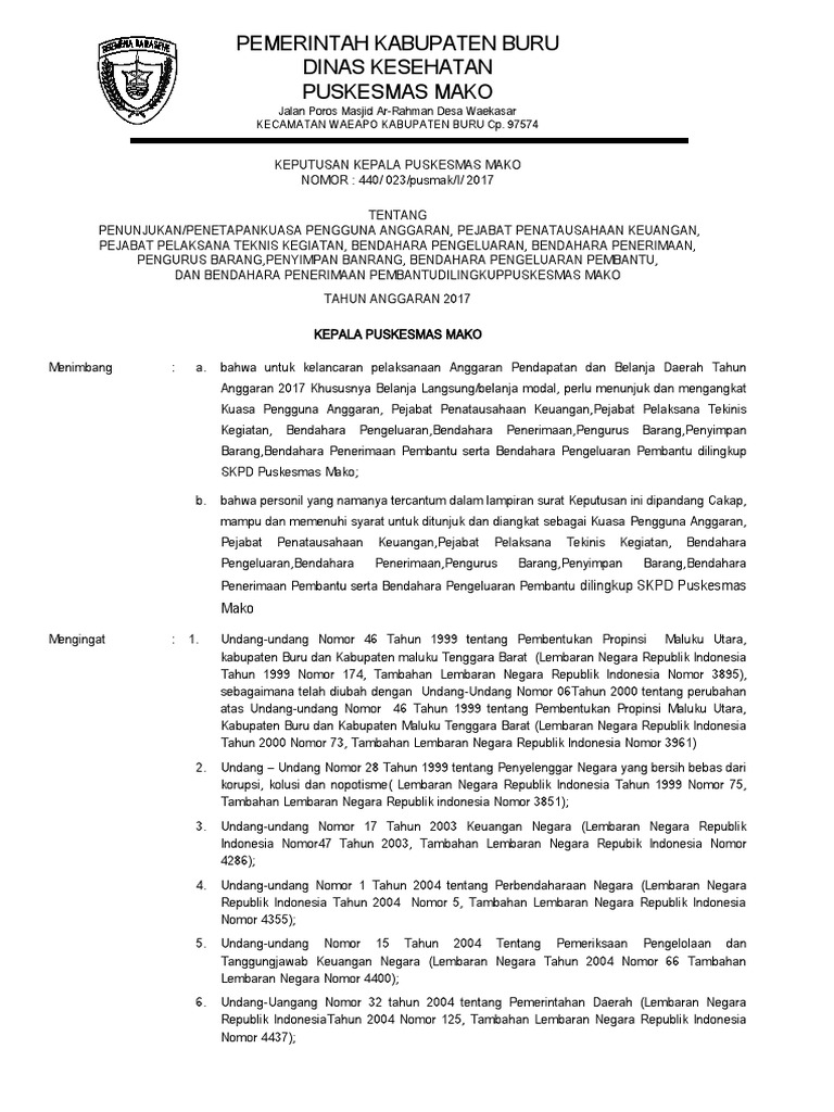 SK TP 2017 PKM Waelo-1 | PDF | Pengelolaan Keuangan & Uang