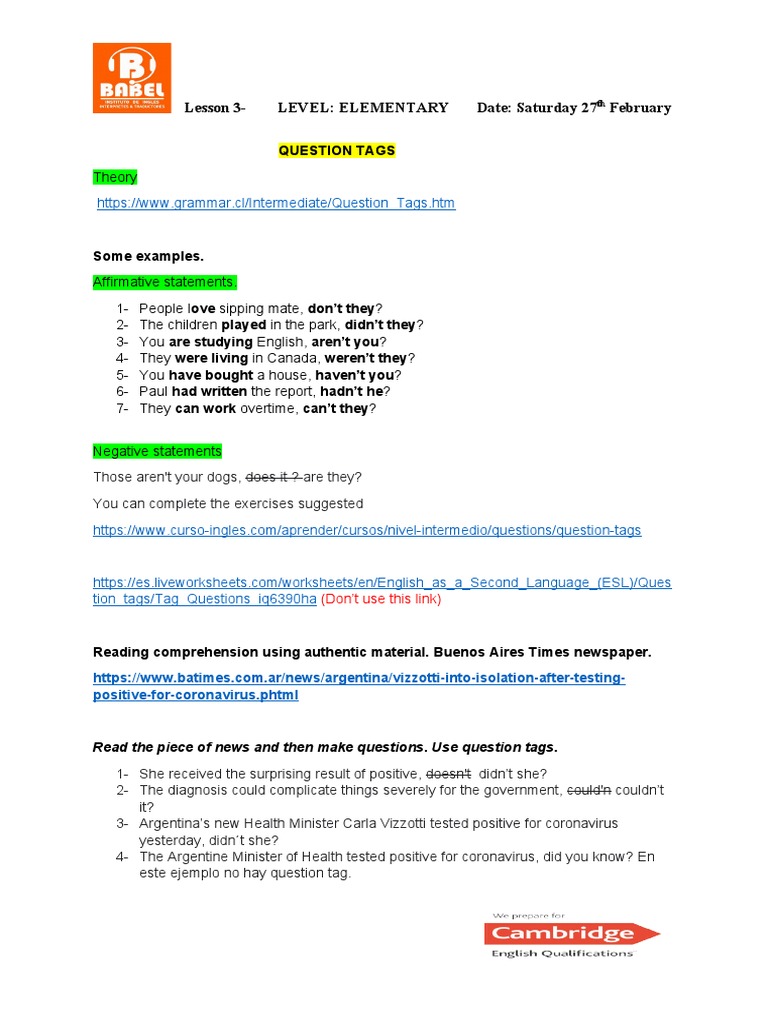 Lesson 3-LEVEL: ELEMENTARY Date: Saturday 27 February | PDF