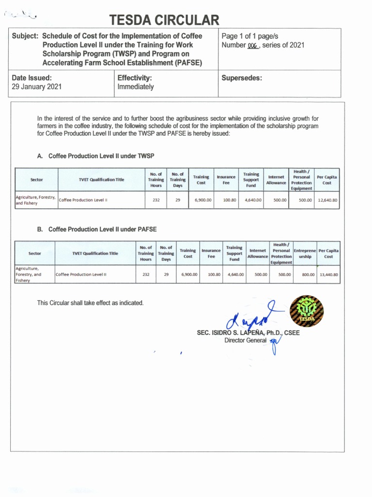 TESDA Circular No. 006-2021-Schedule-of-Cost-for-the-Implementation-of ...