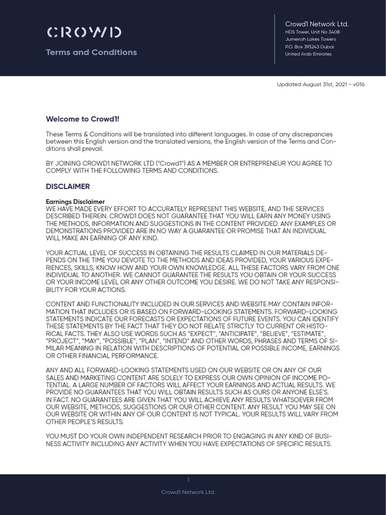 Terms and Conditions: Welcome To Crowd1! | PDF | Gift Card | Partnership