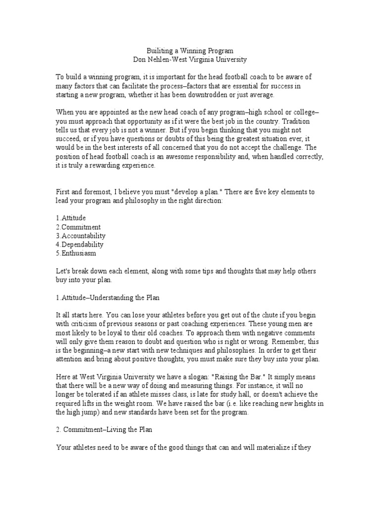 Builiding A Winning Program-Don Nehlen | PDF | Attitude (Psychology)