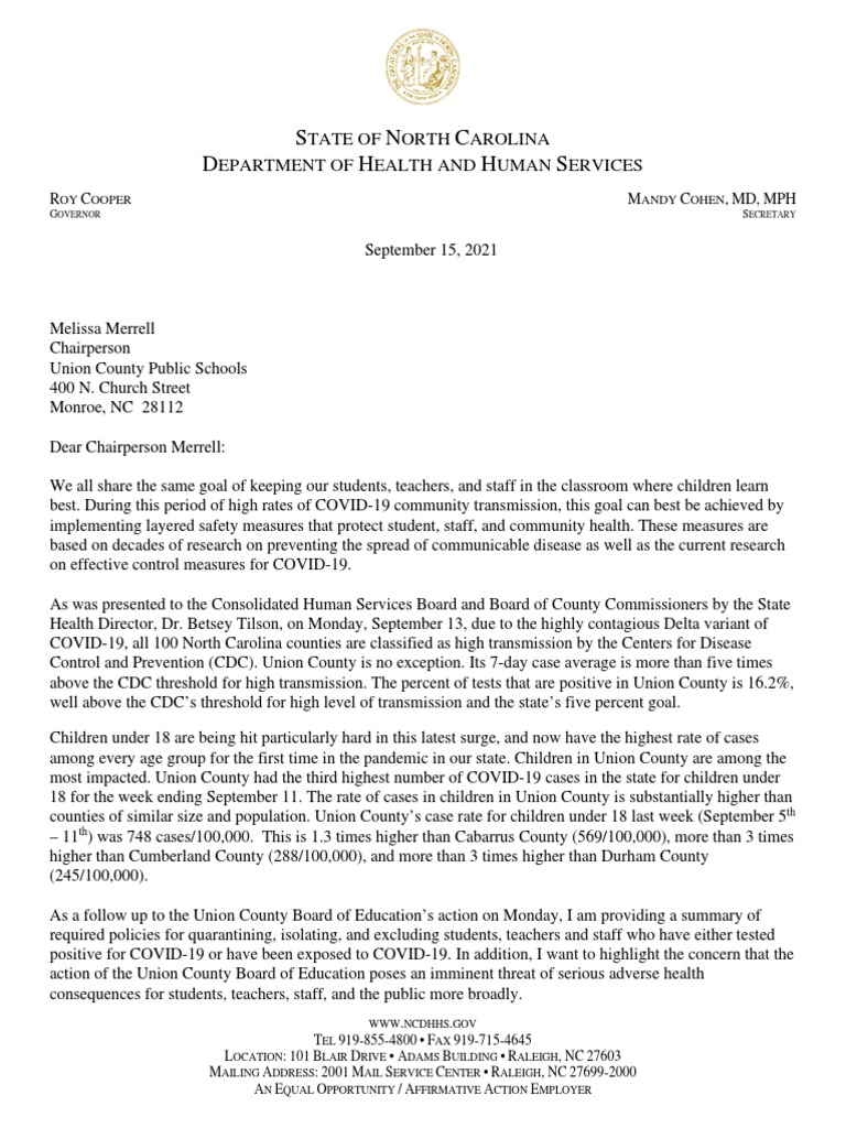 Union County Letter From DHHS | PDF | Quarantine | Clinical Medicine