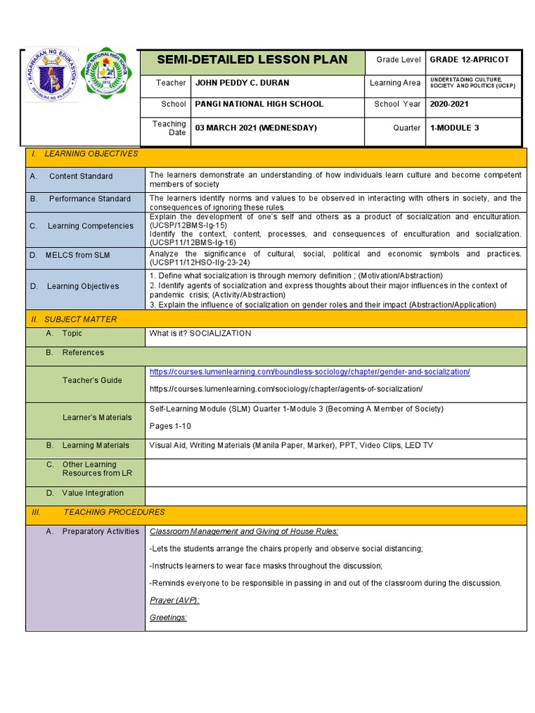 Semi-Detailed Lesson Plan: I. Learning Objectives | PDF | Socialization ...
