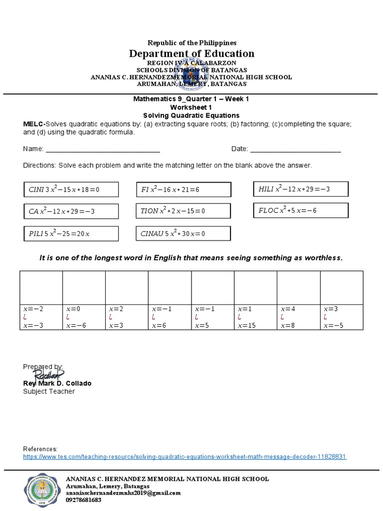 Q1 - MATH 9-Worksheet 1-Week 1 | PDF