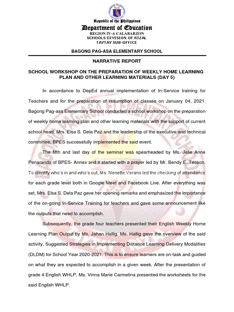 Bpes - Inset - Day 5 - Narrative - Report | PDF | Educational ...