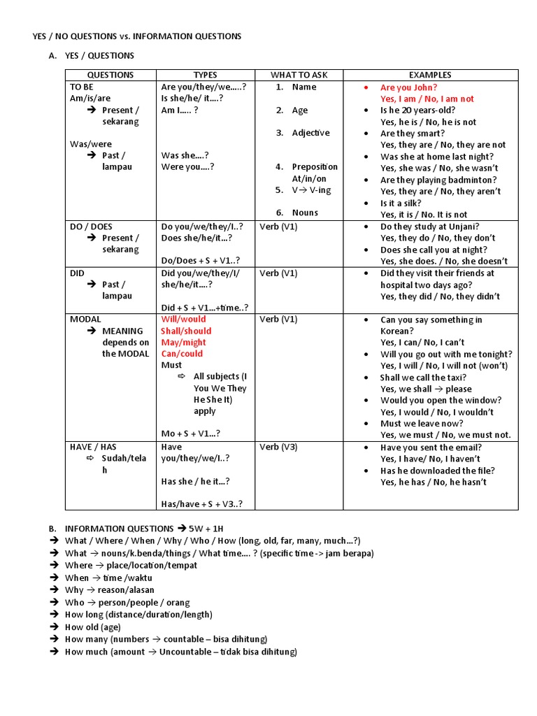 Yes/No vs. Information Questions | PDF | Verb | Grammatical Tense
