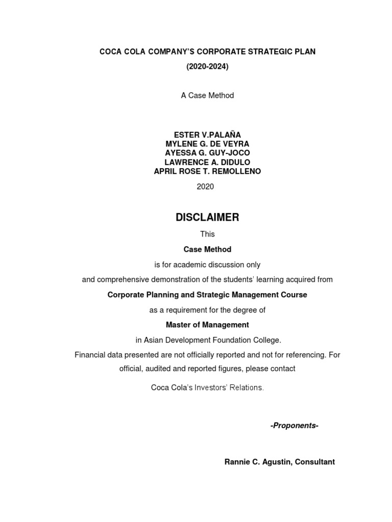 Coca Cola Corporate Strategic Plan | PDF | Soft Drink | Equity (Finance)