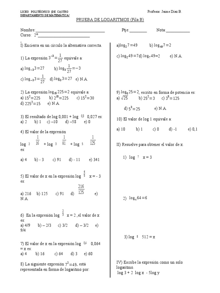 Prueba de Logarítmo 2015 Fila B | PDF | Aritmética