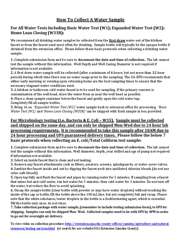 How To Collect A Water Sample Written Directions | PDF | Tap (Valve ...