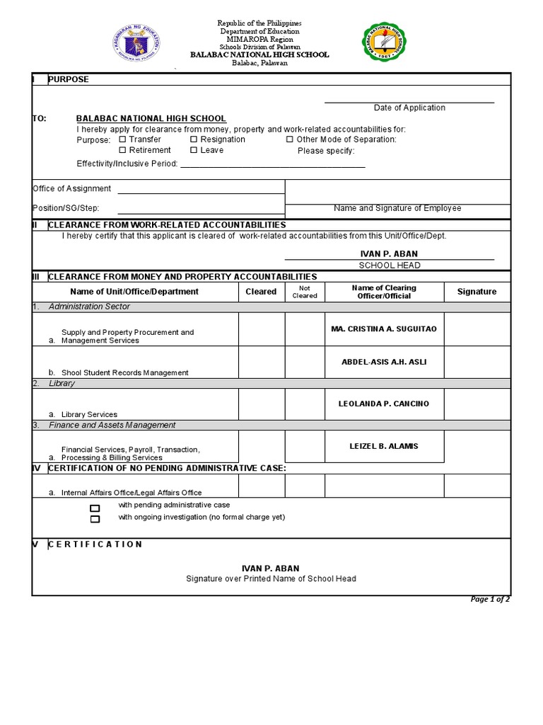 Request for Clearance from Money, Property and Work-Related ...