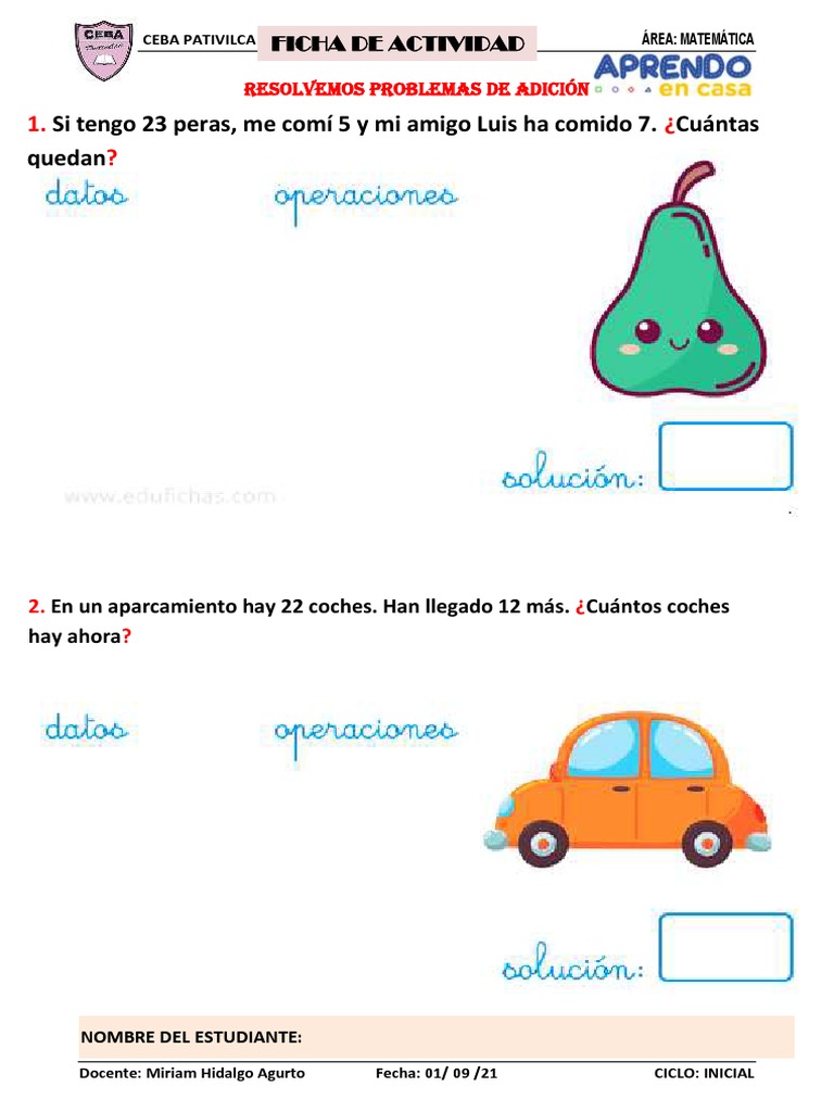 01 - Setiembre - Problemas de Adición | PDF