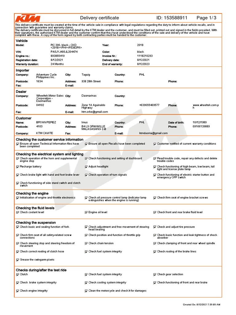 Delivery Certificate ID: 153588911 Page 1/ 3: Vehicle | PDF | Brake ...