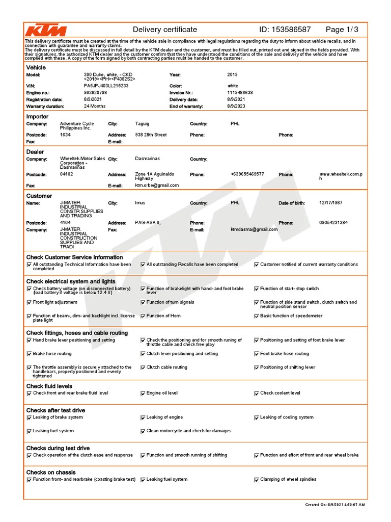 KTM Delivery Certificate Overview | PDF | Brake | Clutch