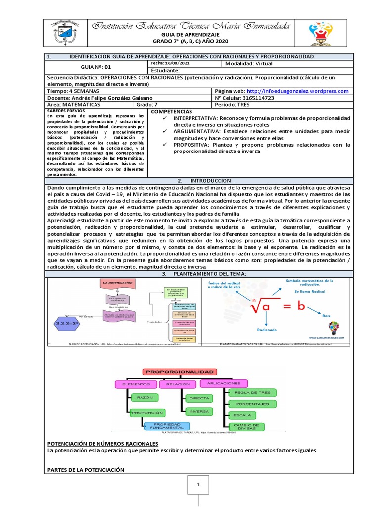 Guia 1 P3 Grado 7 Potenciacion Radicacion y Proporcionalidad | PDF ...