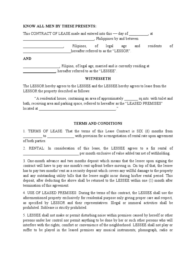Sample Contract of House Lease | PDF | Lease | Renting