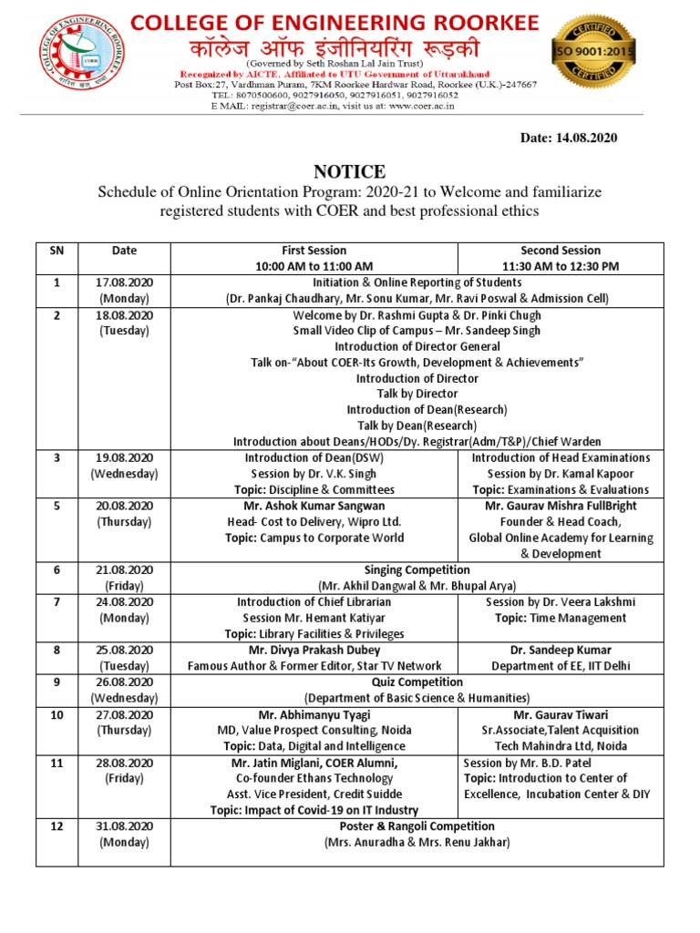 Schedule And Agenda For The 2020 21 Online Orientation Program At Coer