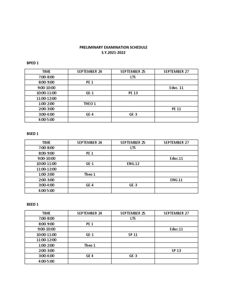 Preliminary Examination Schedule S.Y.2021-2022 Bped 1 | PDF | Rca ...