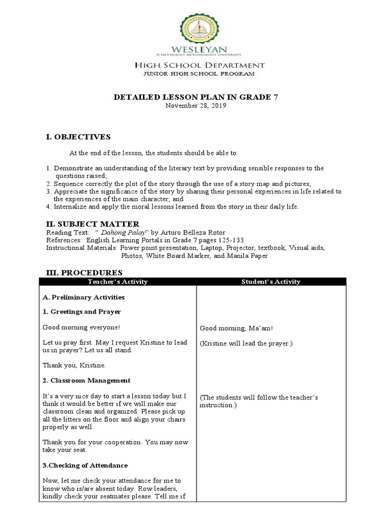 Detailed Lesson Plan in Grade 7: Teacher's Activity Student's Activity ...