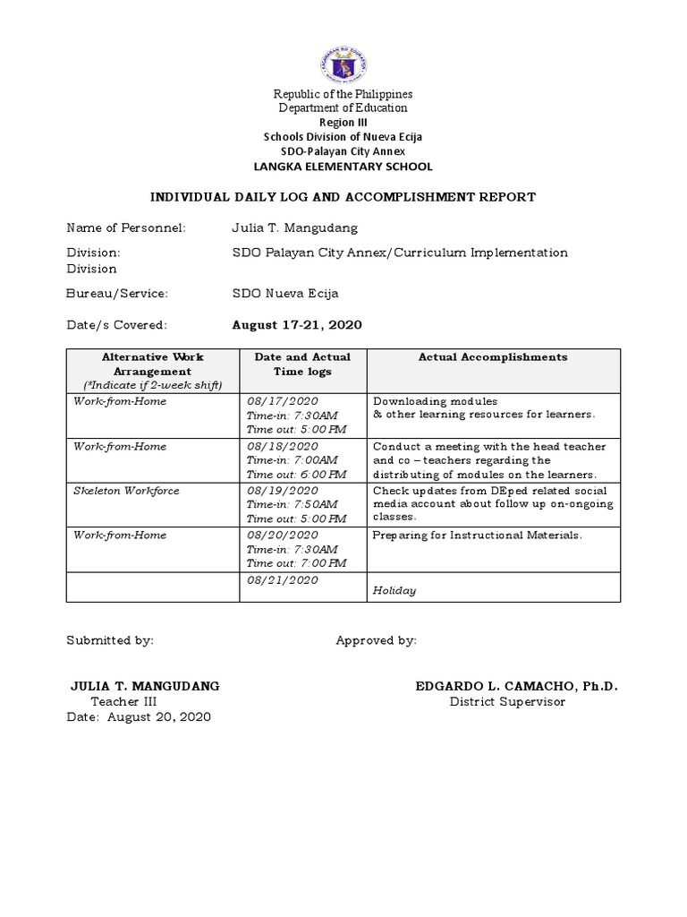 Daily Accomplishment Report: Langka Elementary | PDF