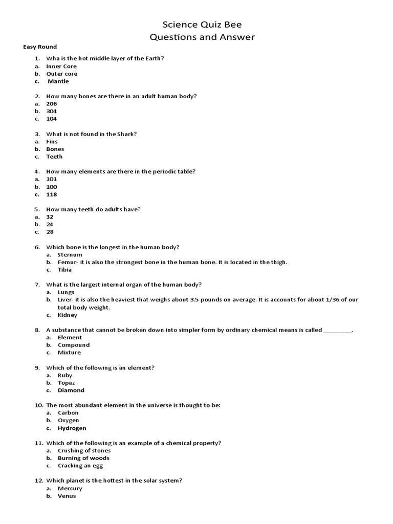 Science Quiz Bee Questions and Answer: Easy Round | PDF | Chemical ...