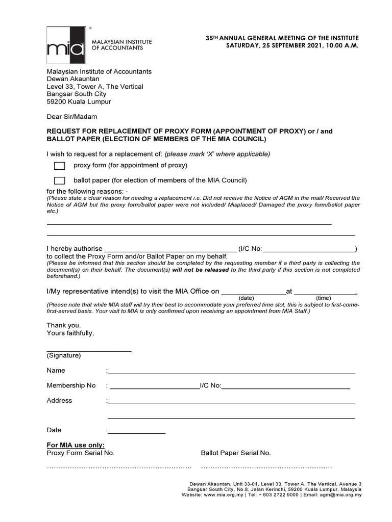 MIA - Replacement of Proxy Form / Ballot Paper | PDF | Government