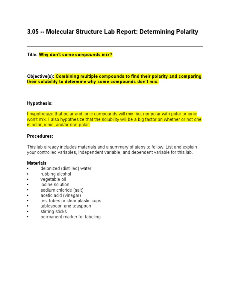 Molecular Polarity Lab Report | PDF | Chemical Polarity | Solution