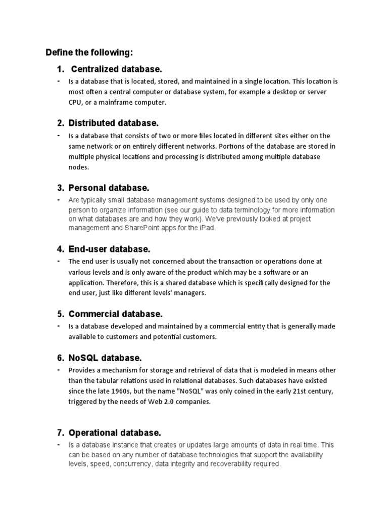 Define The Following: 1. Centralized Database. | PDF | Databases | Relational Database