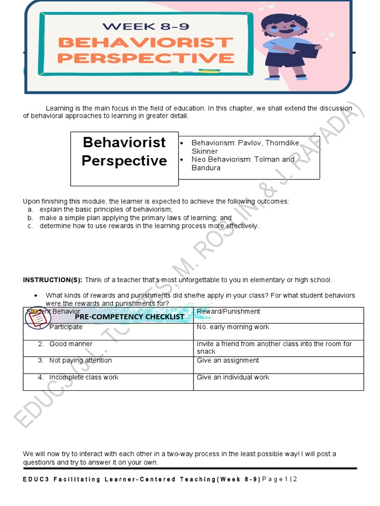 Behaviorist Perspective: Post-Competency Checklist | PDF | Behaviorism | Learning