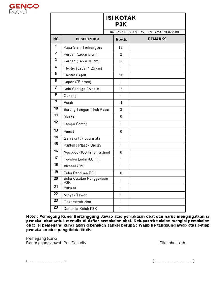 F-HSE-01 Daftar Isi Kotak P3k | PDF
